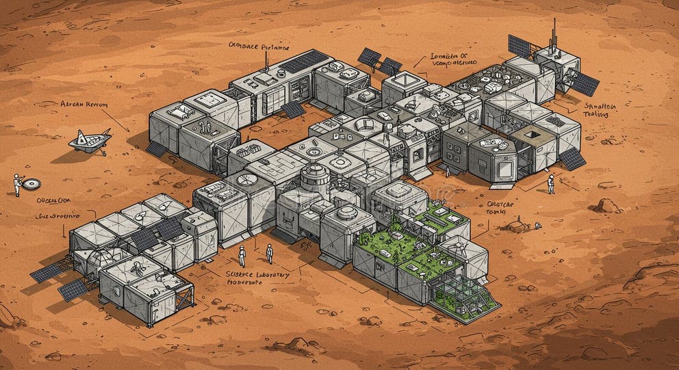 Isometric View of a Fictional Mars Base on a Reddish, Rocky Terrain ...