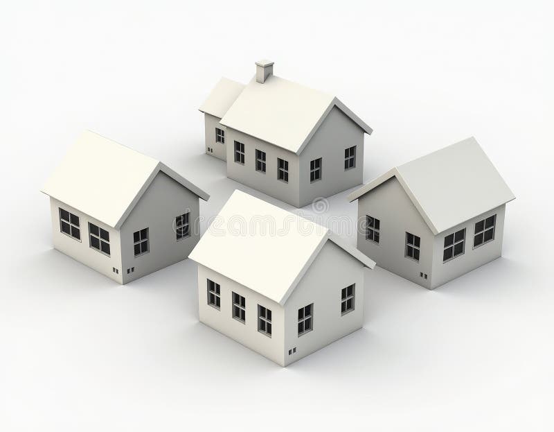 Isometric View of Five White Model Houses Placed on a Plain Surface ...