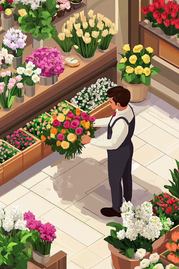 Isometric View of a Florist Arranging a Bouquet of Flowers. Stock ...