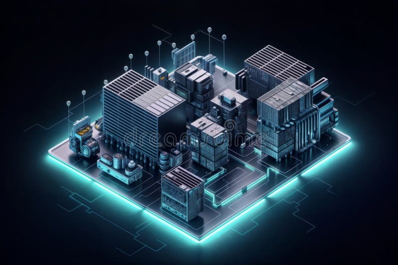 Isometric View of a Futuristic City with Glowing Neon Lights and ...