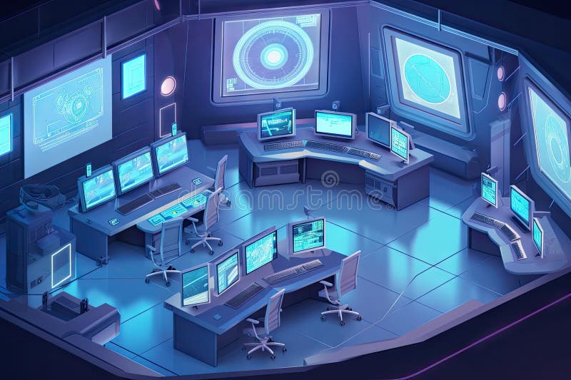Isometric View of Futuristic Control Room, with Holographic Displays ...
