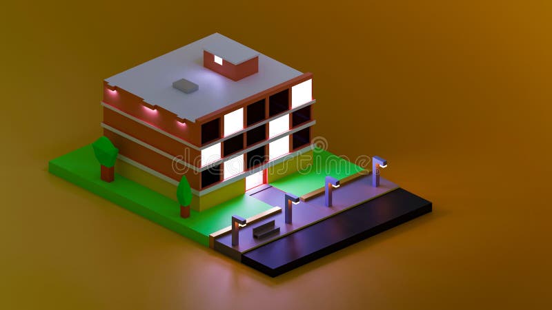 Isometric View of Generic Building in Low Poly Style. 3d Illustration ...