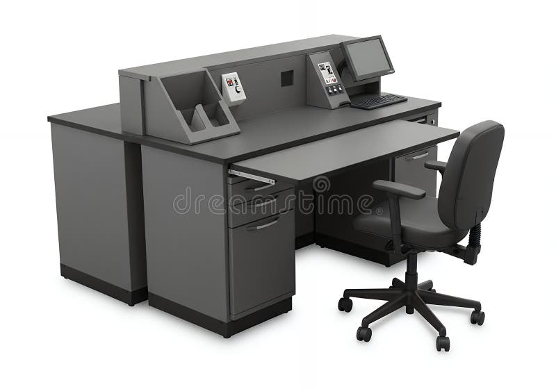Isometric View of Gray Security Checkpoint Desk with Swivel Chair on ...