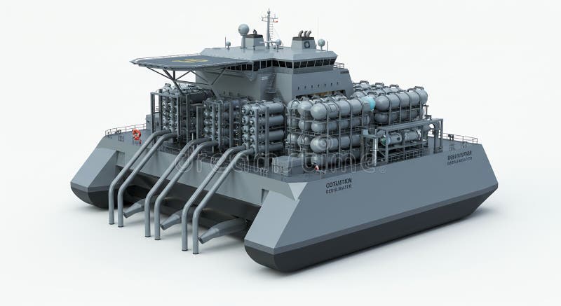 Isometric View of a Grey Large Floating Desalination Plant Vessel on ...