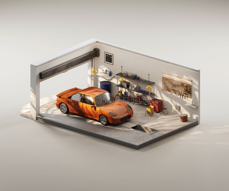 Isometric View Home Garage with Car Open Inside Interior Architecture ...