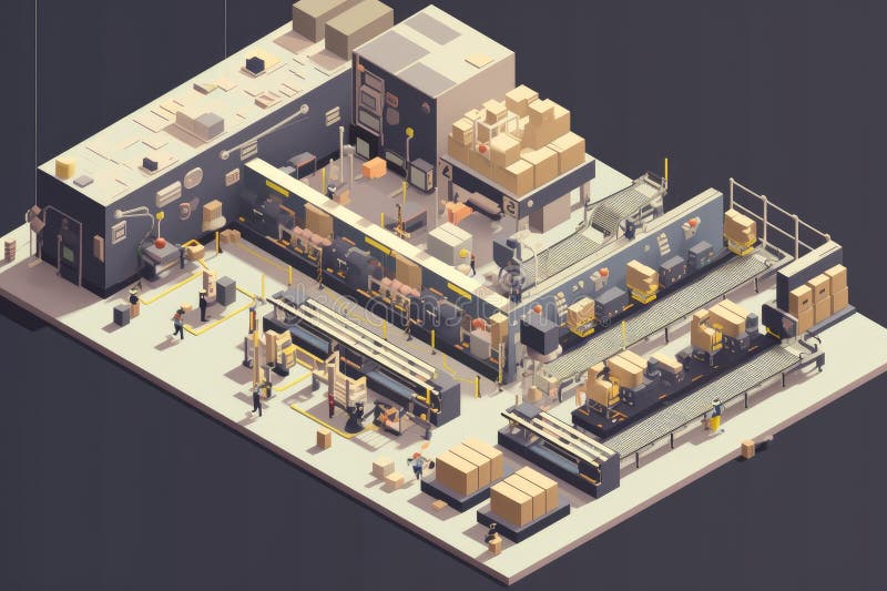 Isometric View of the Inside of a Factory, with Rows of Machines and ...