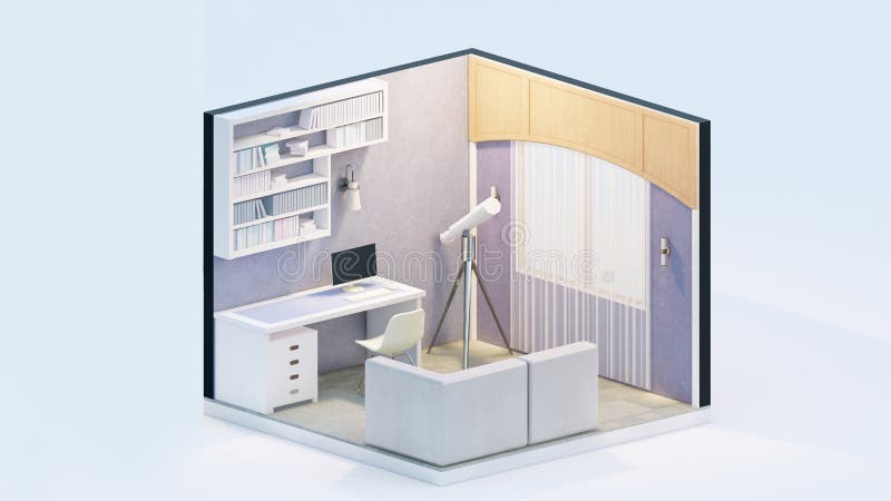 Isometric View of a Interior Design of Study Room Orthographic View 3d ...