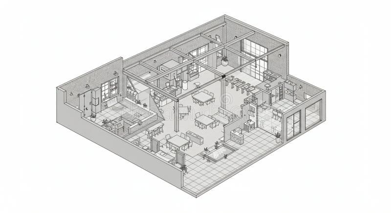 Isometric View of an Interior Floor Plan Displaying a Spacious Open ...