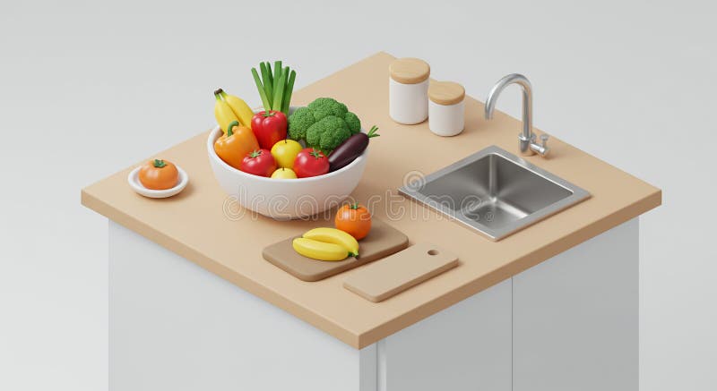 Isometric View of Kitchen Counter with Fresh Produce and Minimalist ...
