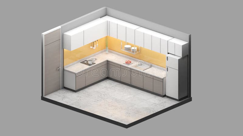 Isometric View of a Kitchen,residential Area, 3d Rendering Stock ...