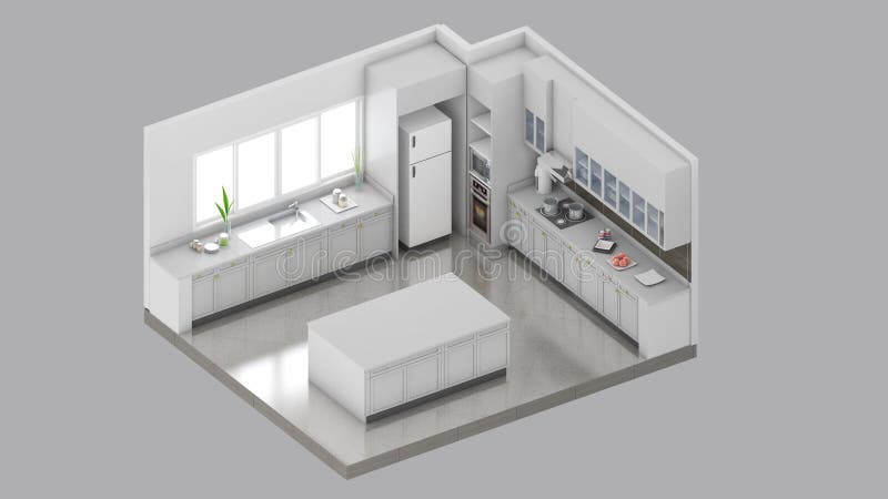 Isometric View of a Kitchen,residential Area, 3d Rendering Stock ...