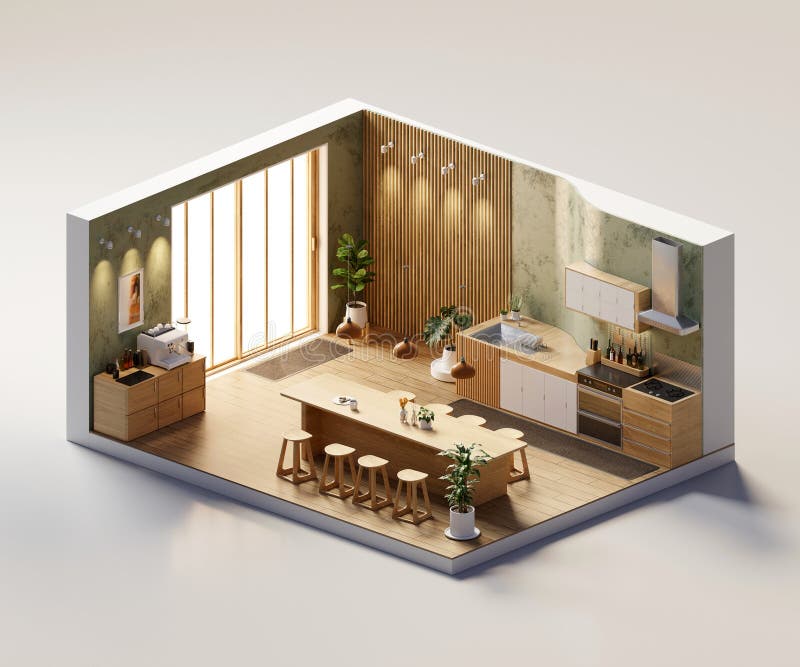 Isometric View Kitchen Room Open Inside Interior Architecture, 3d ...