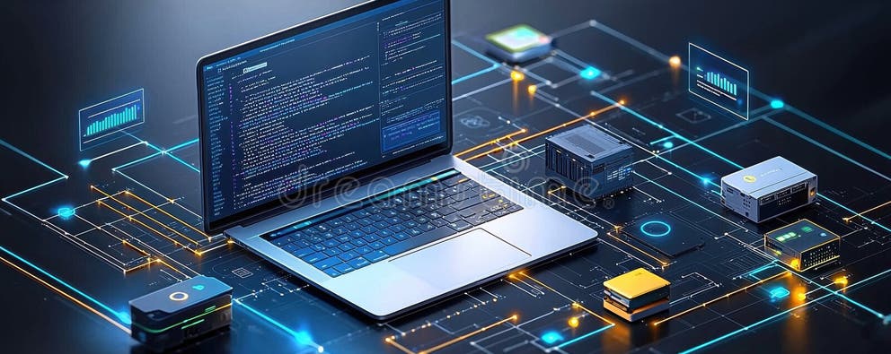 Isometric View of Laptop with Digital Interfaces and Glowing Blue ...