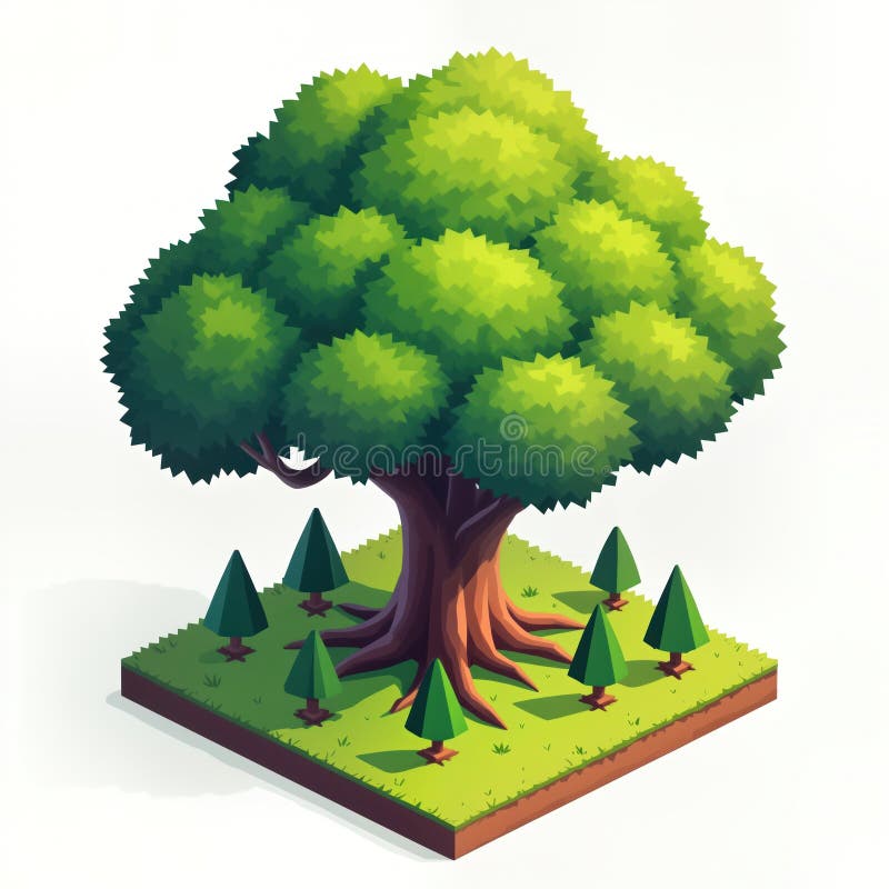 Isometric View of Large Pixelated Tree in Small Forest. Rich Green ...
