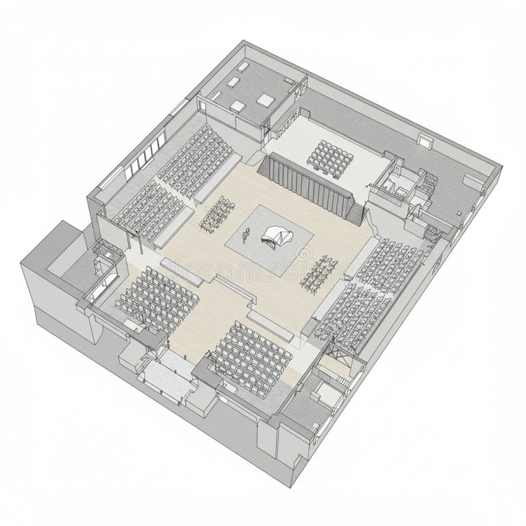 Isometric View of a Large, Rectangular Auditorium Layout. Features ...