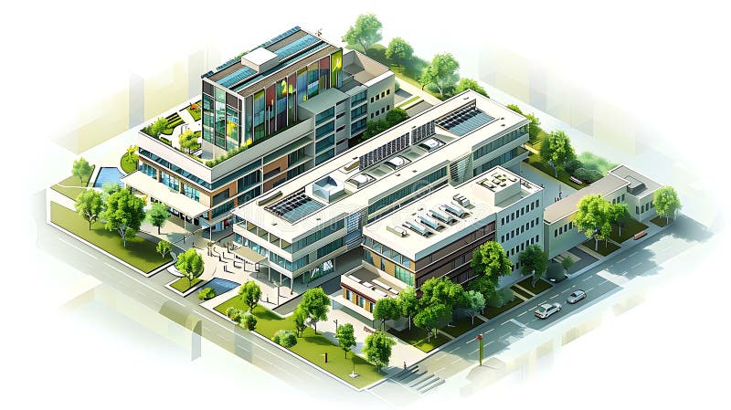 Isometric View of a LEED-certified Hospital with Water-saving ...