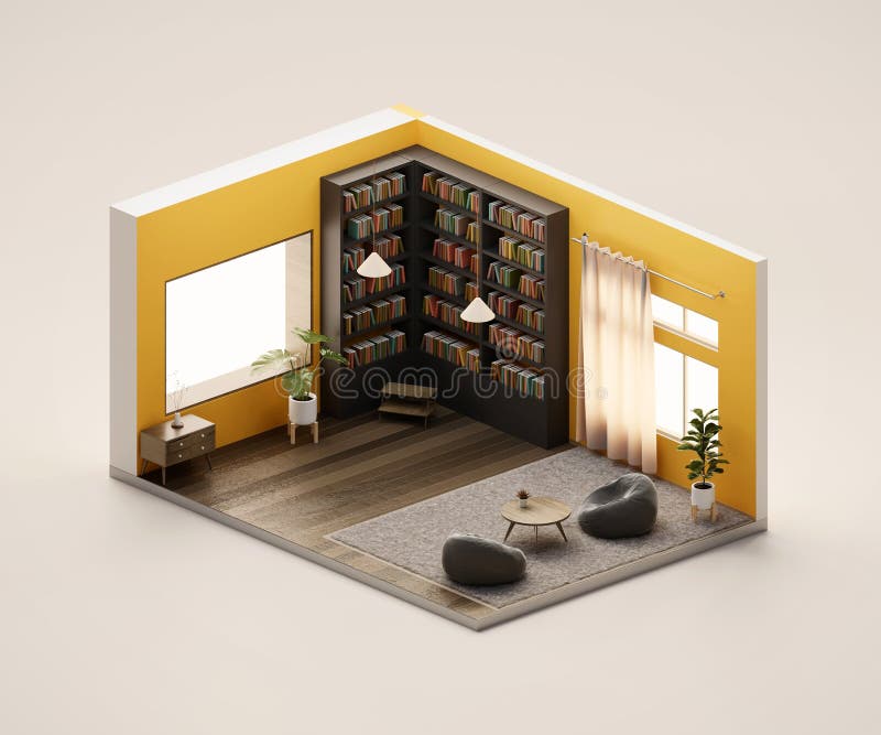 Isometric View Library Living Room Open Inside Interior Architecture ...