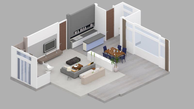 Isometric View of a Living Room and Dining Room,residential Area Stock ...