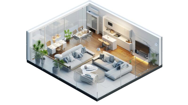 Isometric View of a Living Room Interior, Emphasizing Transparency To ...
