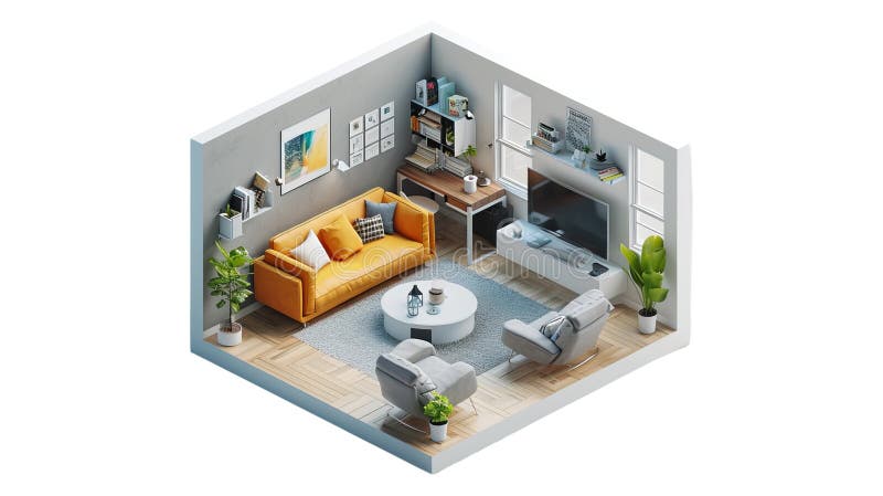 Isometric View of a Living Room Interior, Emphasizing Transparency To ...