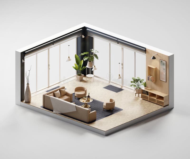 Isometric View Living Room Muji Style Open Inside Interior Architecture 3d Rendering Stock ...