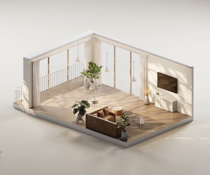 Isometric View Living Room Muji Style Open Inside Interior Architecture ...