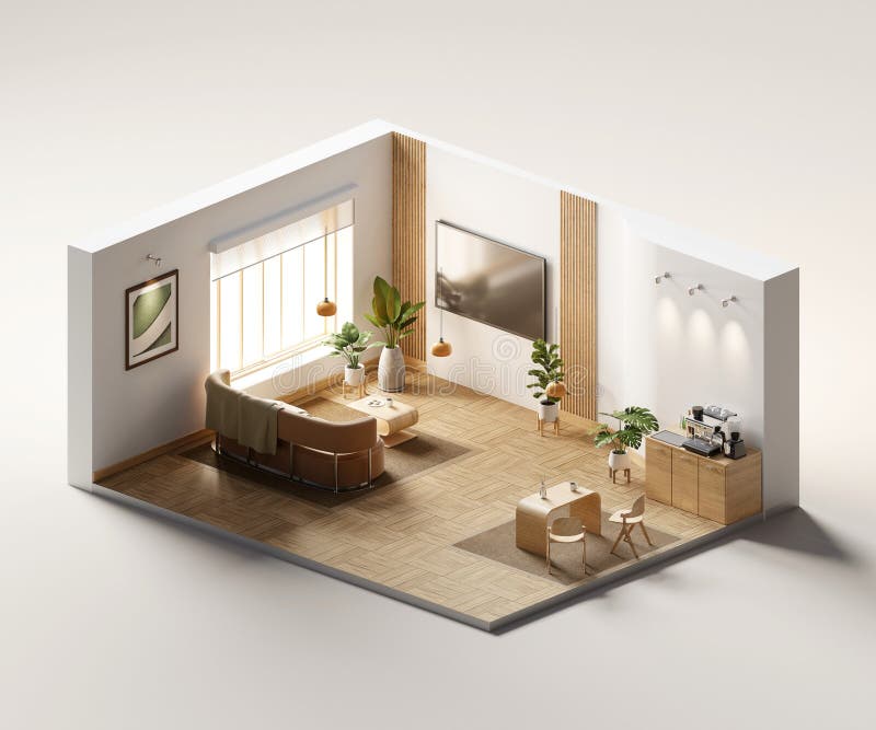 Isometric View Living Room Muji Style Open Inside Interior Architecture ...