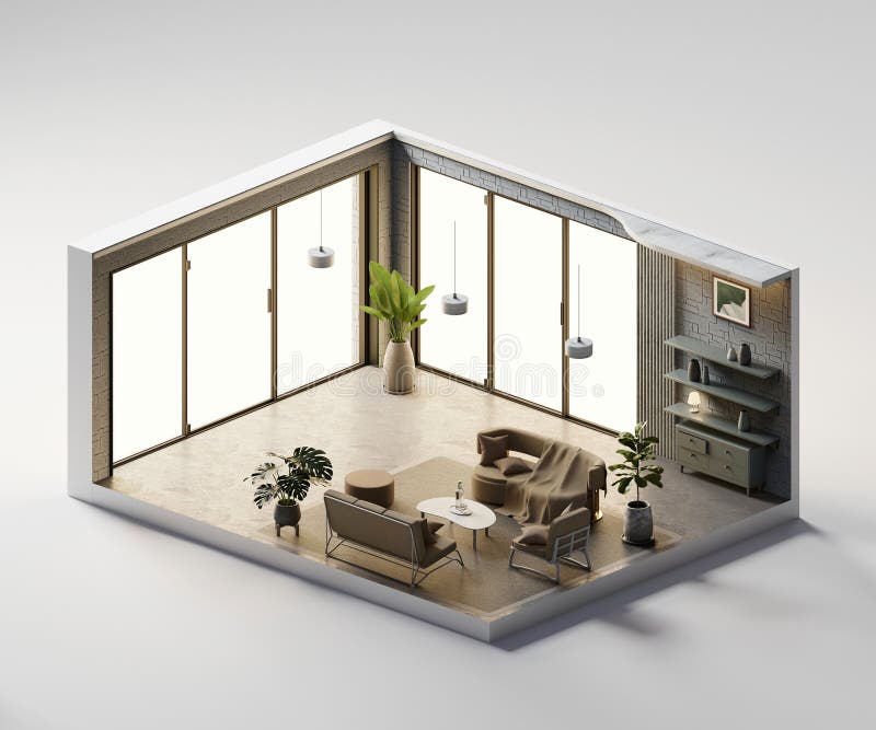 Isometric View Living Room Muji Style Open Inside Interior Architecture ...