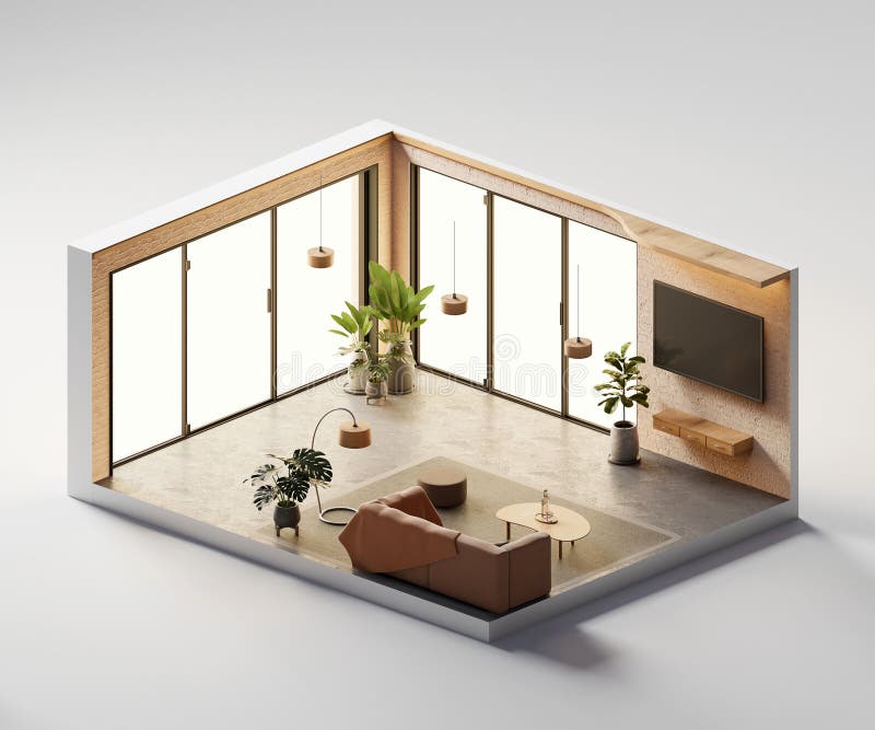 Isometric View Living Room Muji Style Open Inside Interior Architecture ...