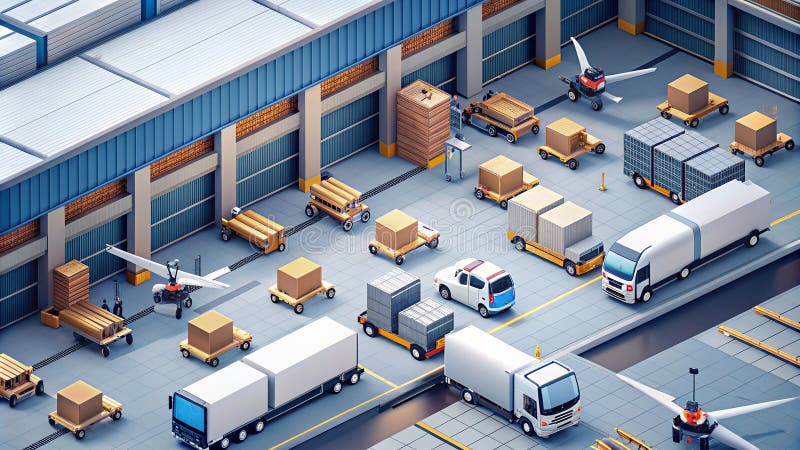 Isometric View of a Logistics Center Trucks Loading Drones Delivering ...