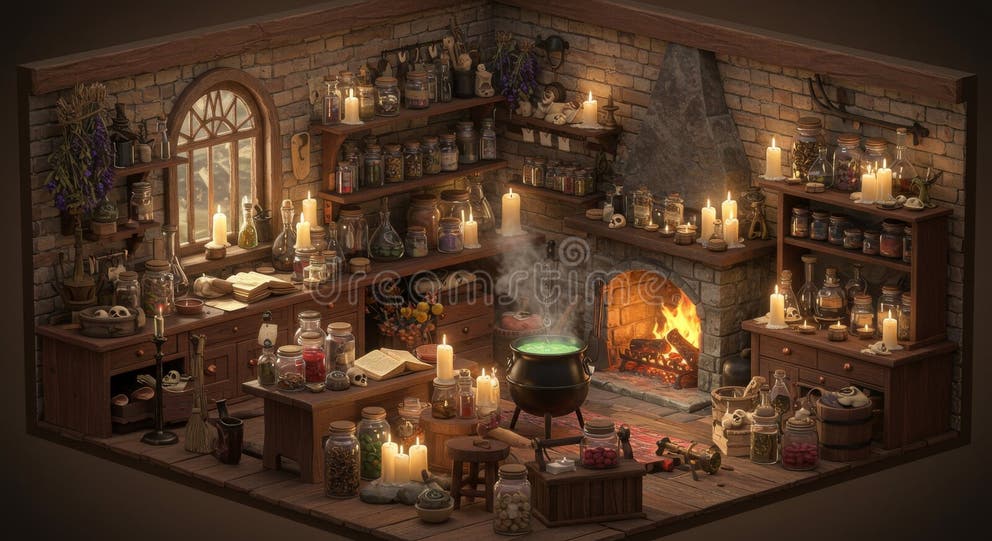 Isometric View of a Medieval Alchemy Laboratory with Warm Candlelight ...