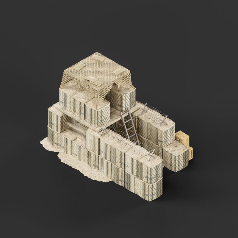 Isometric View Military Sand Blocks and Military Equipment Pile, 3d ...