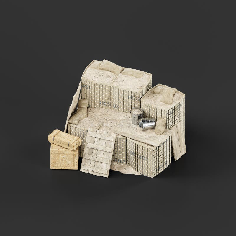Isometric View Military Sand Blocks and Military Equipment Pile, 3d ...
