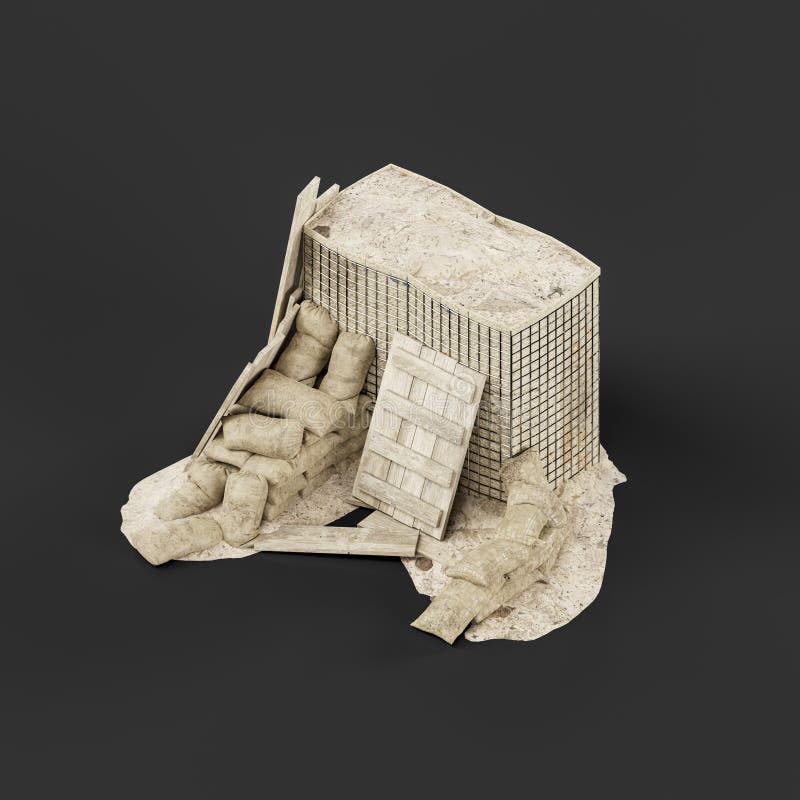 Isometric View Military Sand Blocks and Military Equipment Pile, 3d ...