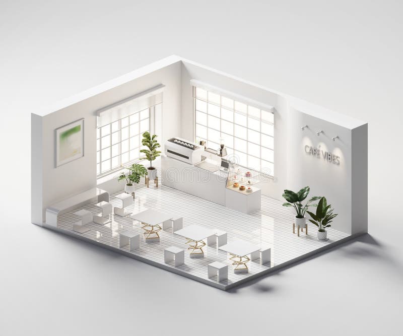 Isometric View Minimal Cafe Store Open Inside Interior Architecture, 3d ...