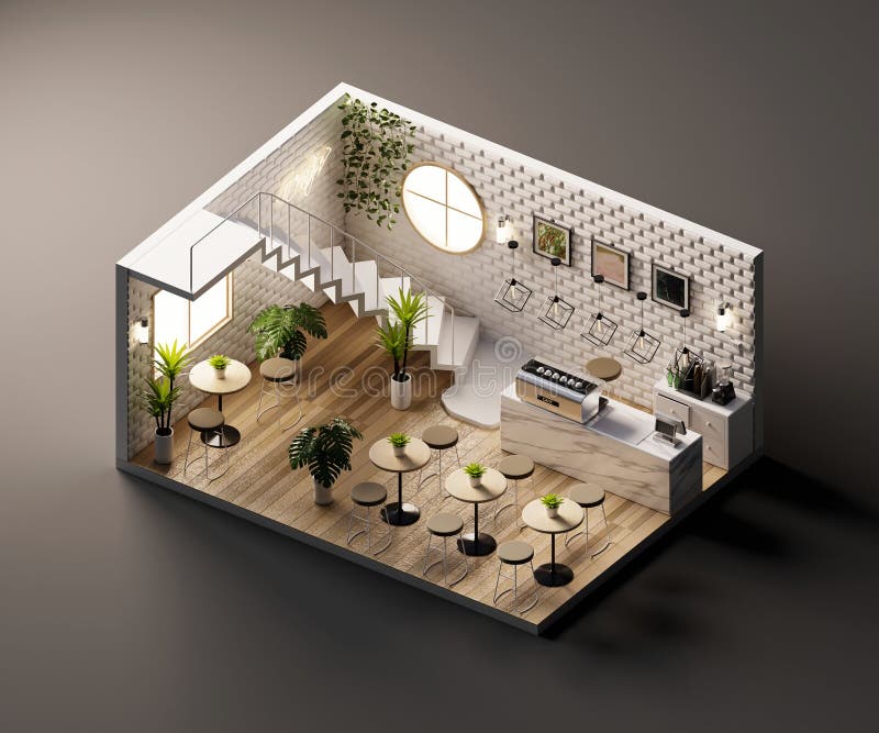 Isometric View Minimal Cafe Store Open Inside Interior Architecture, 3d ...