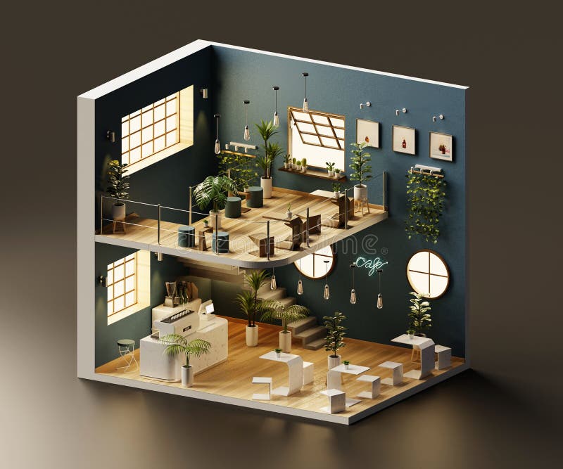 Isometric View Minimal Cafe Store Open Inside Interior Architecture, 3d ...