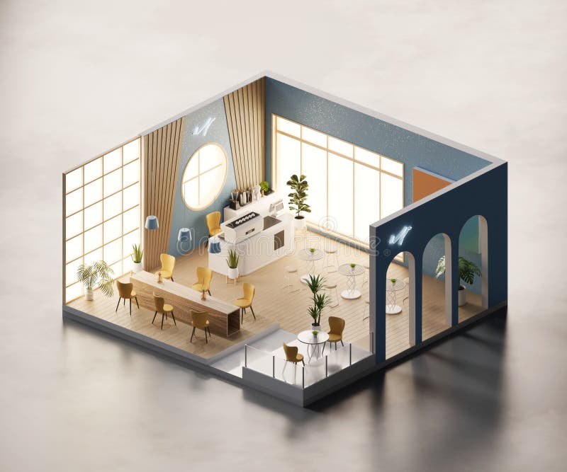 Isometric View Minimal Cafe Store Open Inside Interior Architecture, 3d ...