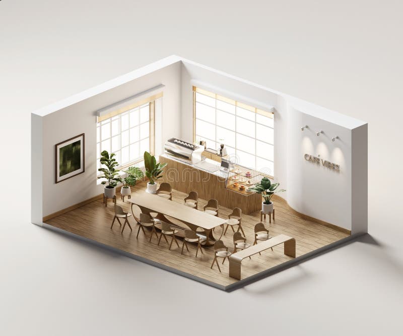Isometric View Minimal Cafe Store Open Inside Interior Architecture, 3d ...