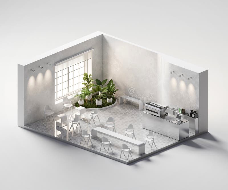 Isometric View Minimal Cafe Store Open Inside Interior Architecture, 3d ...