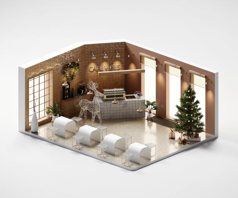 Isometric View Minimal Cafe Store Open Inside Interior Architecture, 3d ...