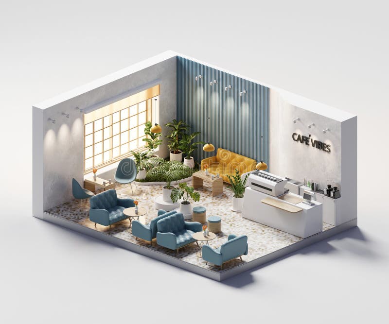 Isometric View Minimal Cafe Store Open Inside Interior Architecture, 3d ...