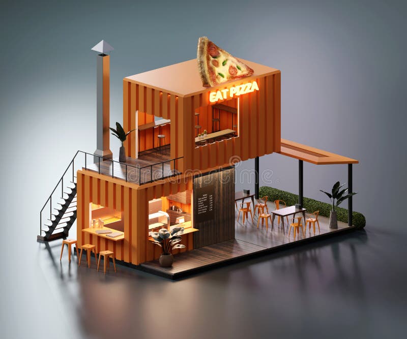 Isometric View Minimal Pizza Restaurant Container Store Exterior ...