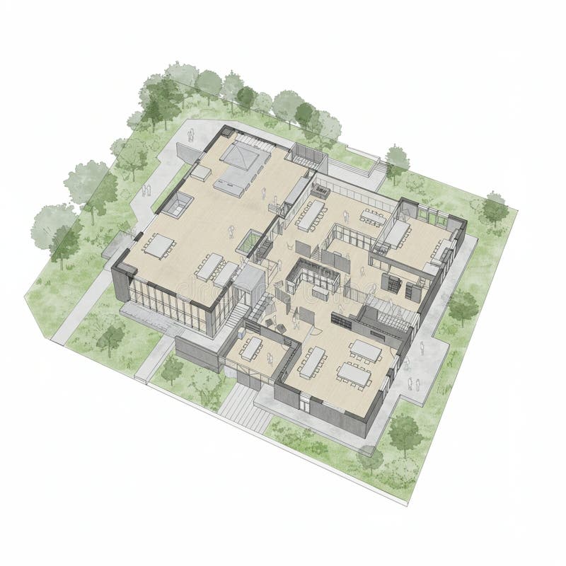 Isometric View of a Modern Architectural Building Floor Plan Surrounded ...