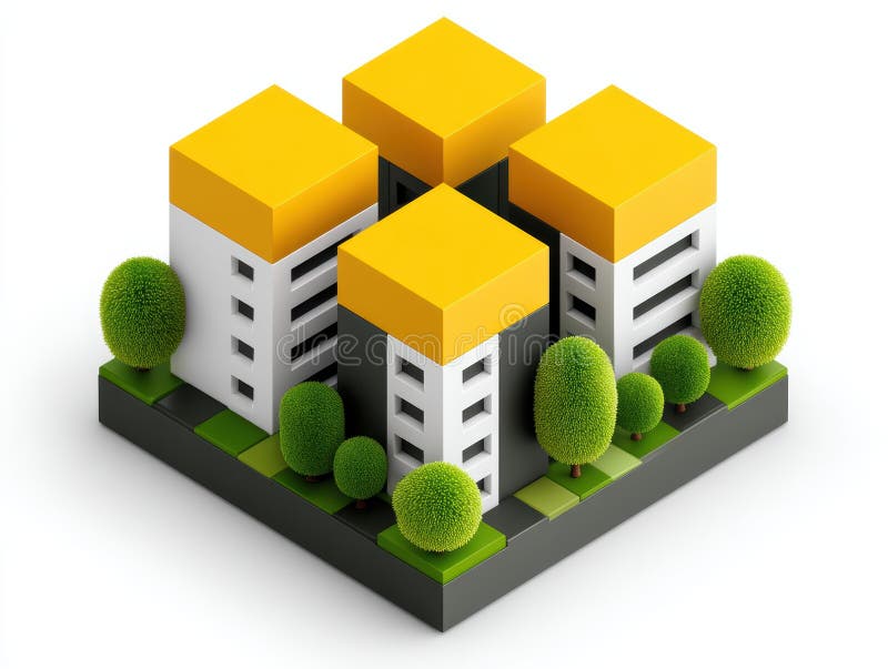 Isometric View of a Modern City Block with Buildings and Trees. Stock ...