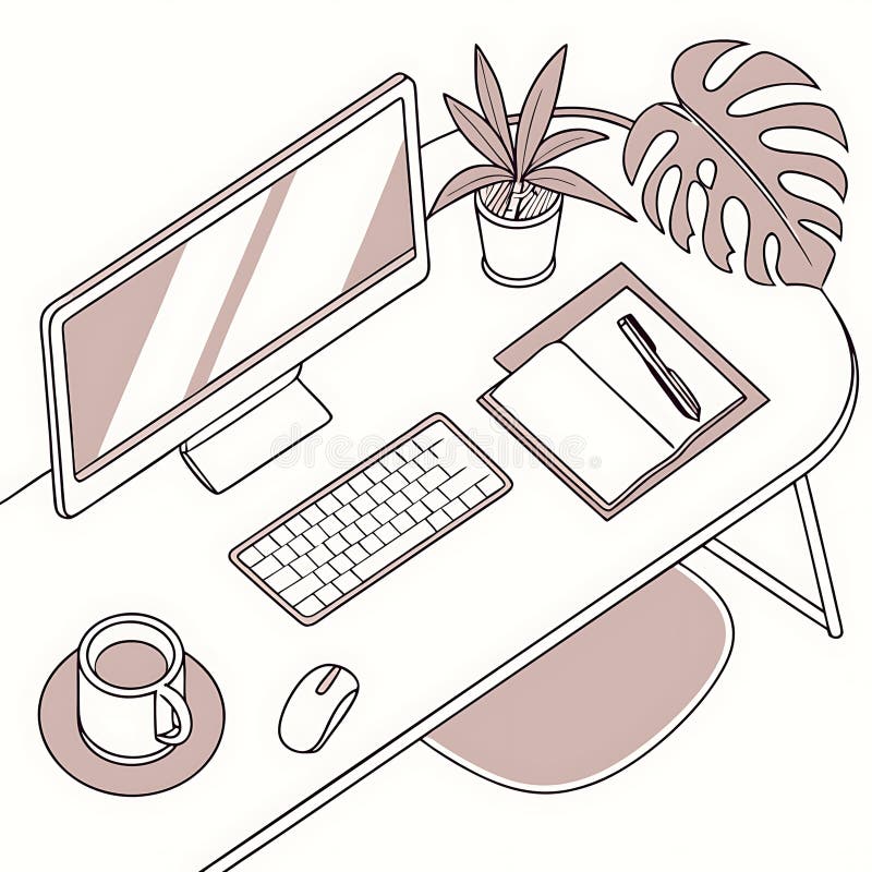 Isometric View of a Modern Desk with Computer and Plants Stock ...