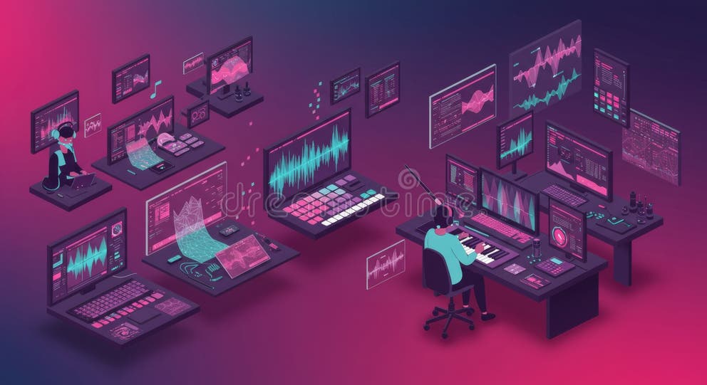 Digital Music Production Studio with Sound Waveforms and Data ...