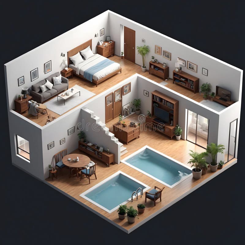 Isometric View of a Modern House with Two Swimming Pools Stock ...