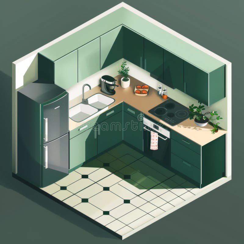 Isometric View of a Modern Kitchen with Green Cabinets, Equipped with ...