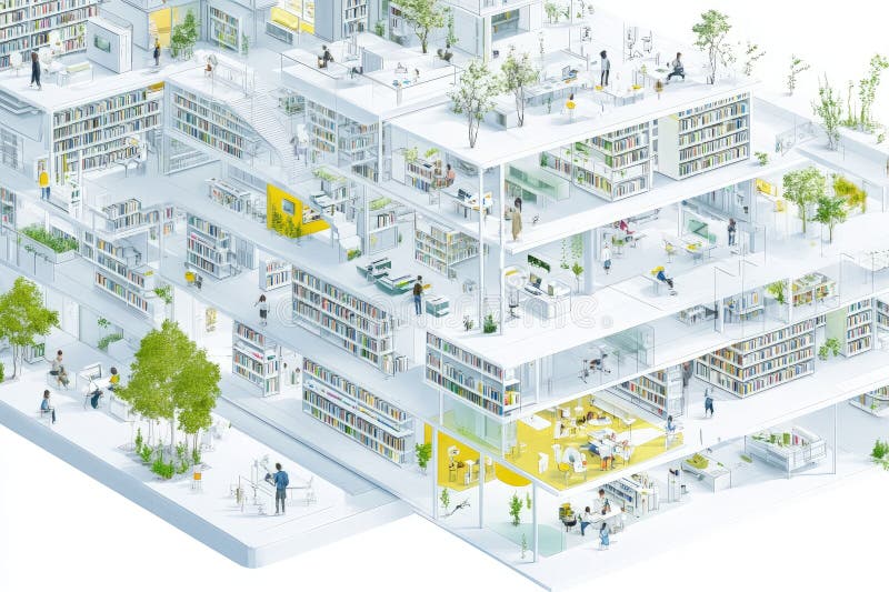Isometric View of Modern Library Design with Integrated Greenery White ...